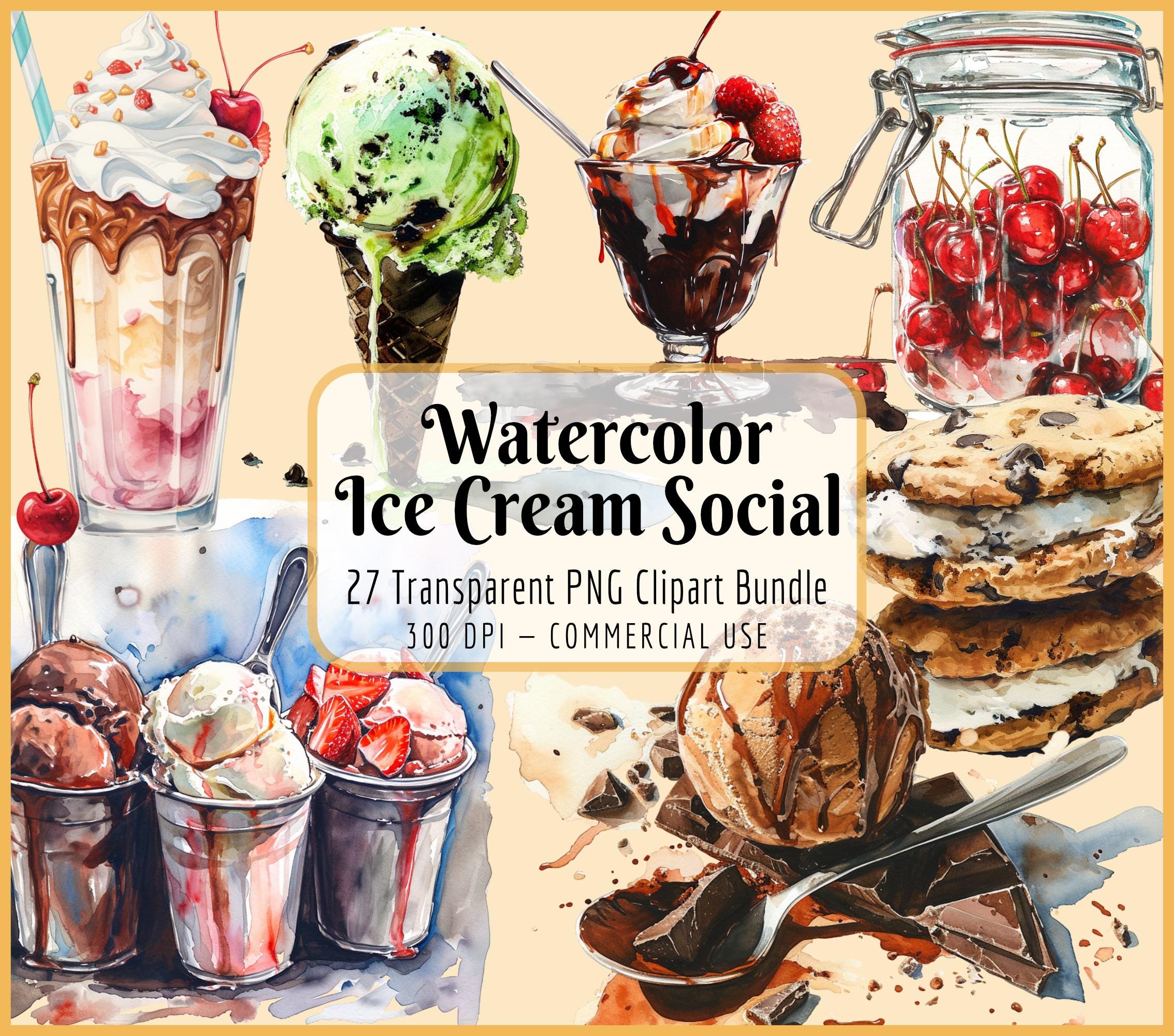 Ice Cream Social Clipart Bundle | Watercolor, Ice Cream Cones, Sundaes ...