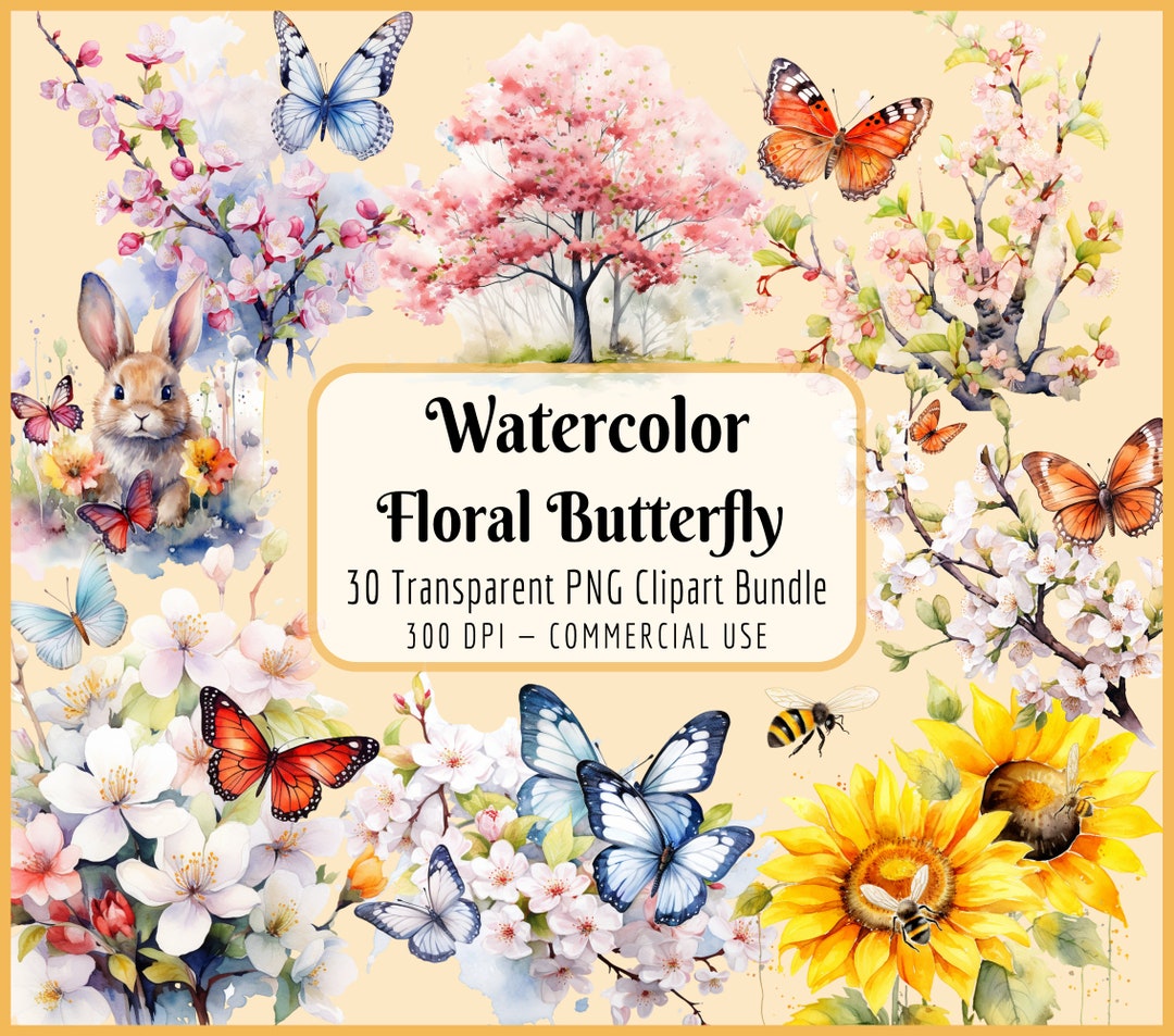 Watercolor Floral Butterfly Clipart Bundle | Spring Botanical Flowers ...