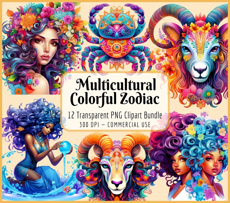 Multicultural Colorful Zodiac Sign Clipart Bundle Zodiac Signs ...