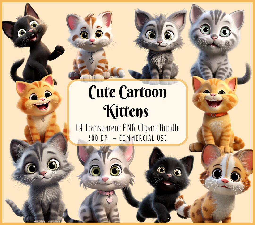 Cute Cartoon Kittens Clipart Bundle | 3D Cats, Funny Kitten Graphics ...