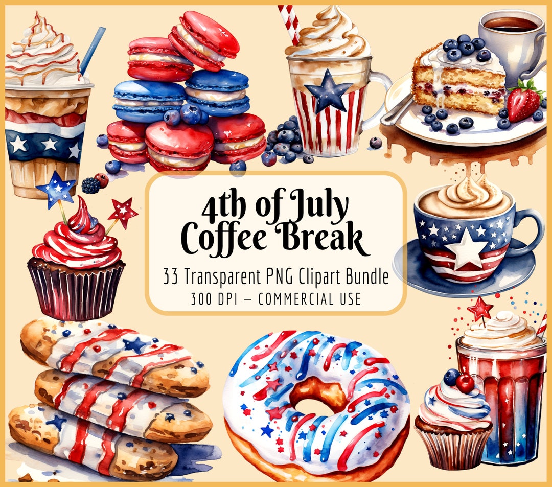 4th of July Coffee Break Clipart Bundle I Watercolor, Patriotic ...