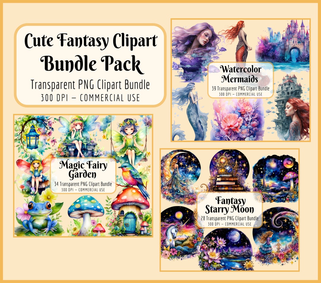 Cute Fantasy Clipart Bundle Pack Watercolor Mermaids, Magic Fairy ...