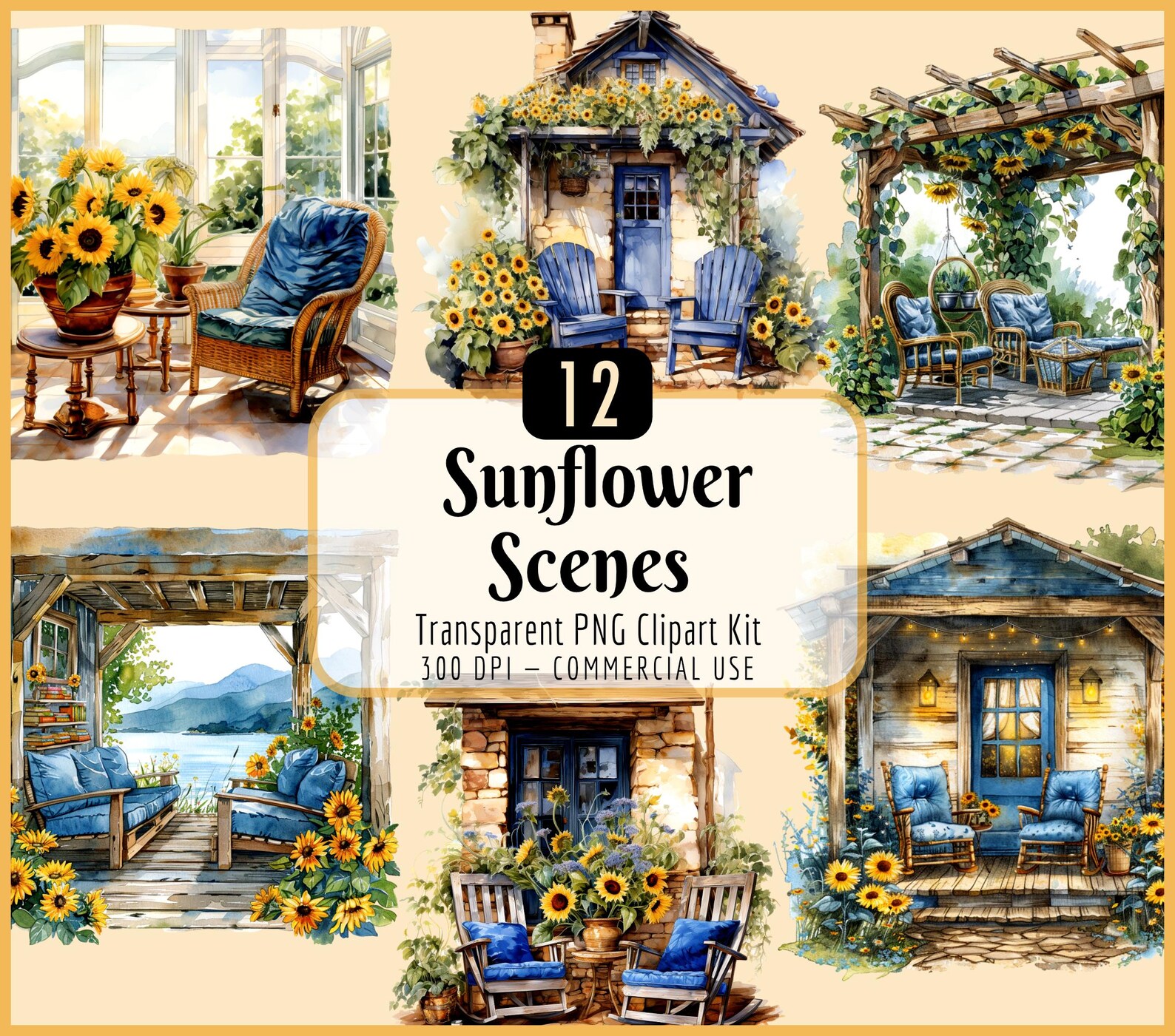 Sunflower Scenes Clipart Kit | Watercolor Sunflowers, Garden Art, Cozy ...
