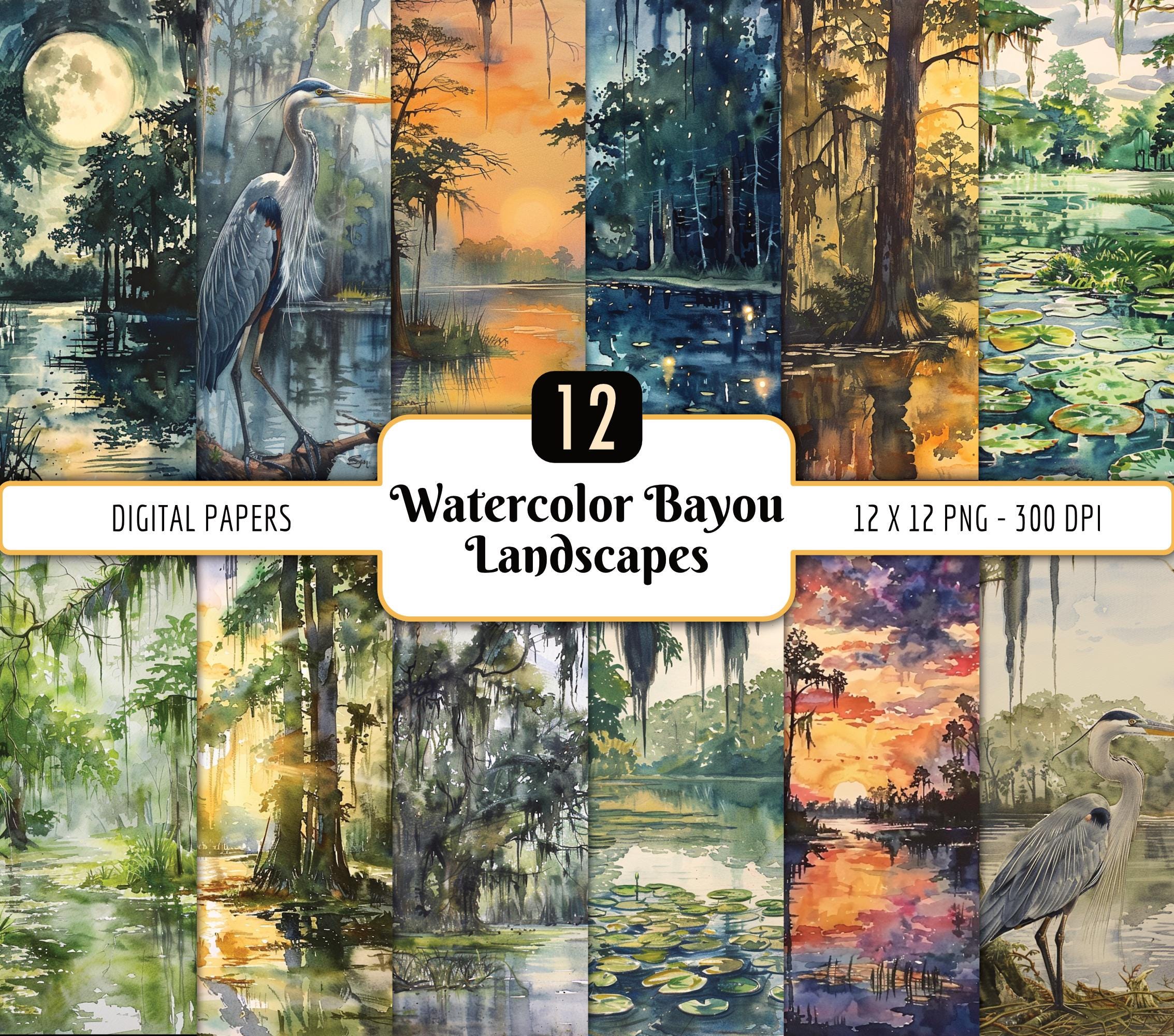 Watercolor Bayou Landscapes Digital Paper | Southern Louisiana, Cypress ...