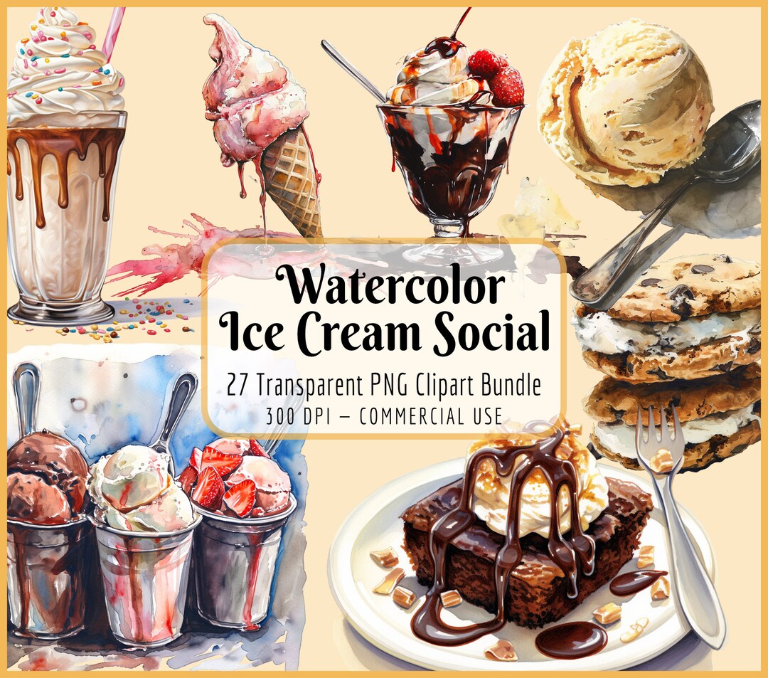 Ice Cream Social Clipart Bundle Watercolor, Chocolate Ice Cream Cones ...