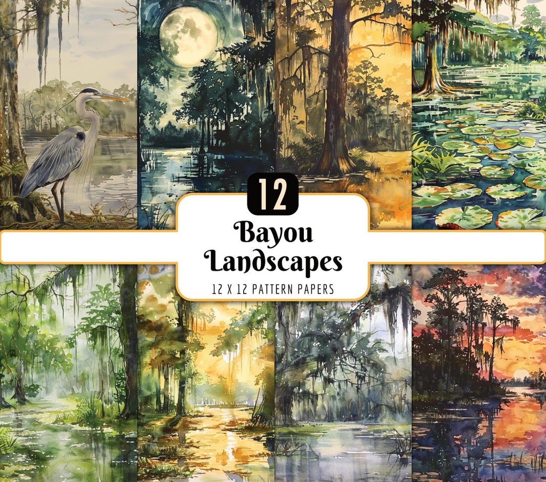Watercolor Bayou Landscapes Digital Paper | Southern Louisiana, Cypress ...