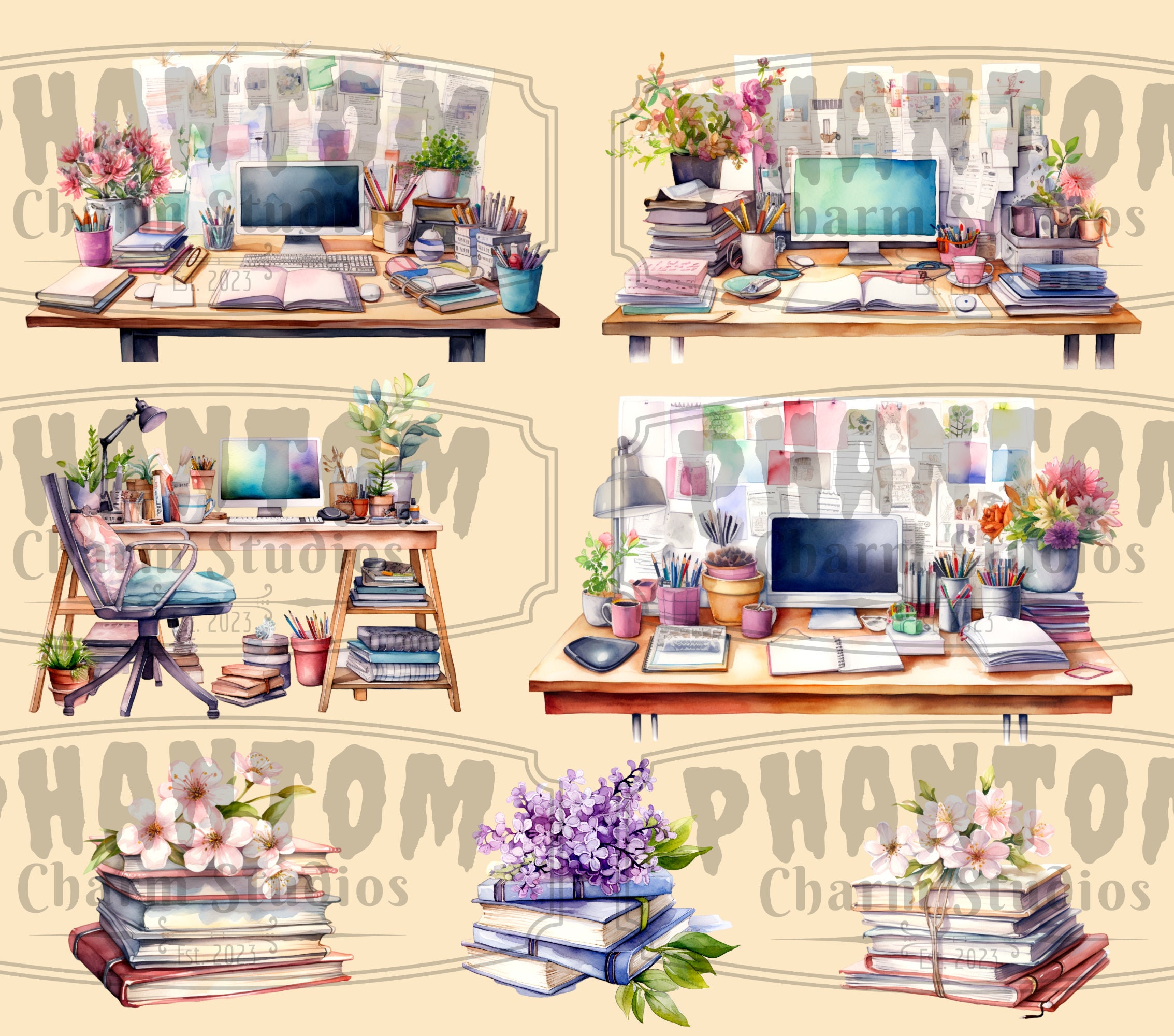 Watercolor Spring Planner Clipart Bundle I Desk Planner Scenes Journal ...