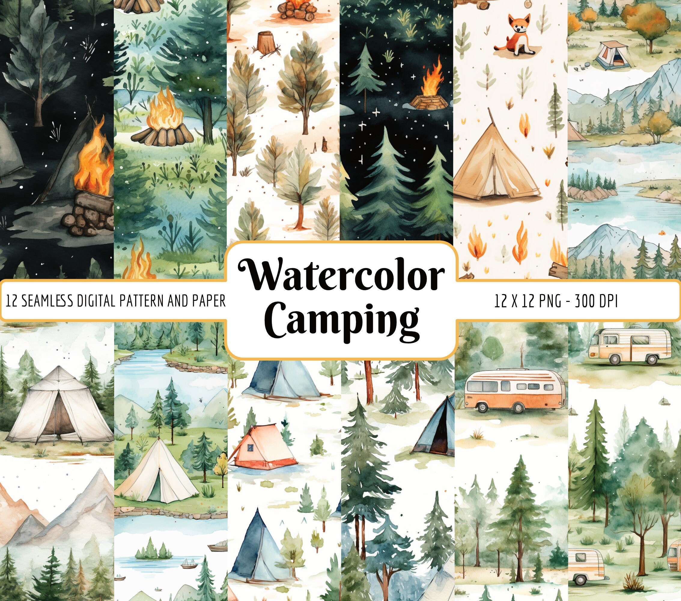 Watercolor Camping Seamless Patterns Bundle Digital Paper Pack, Summer ...