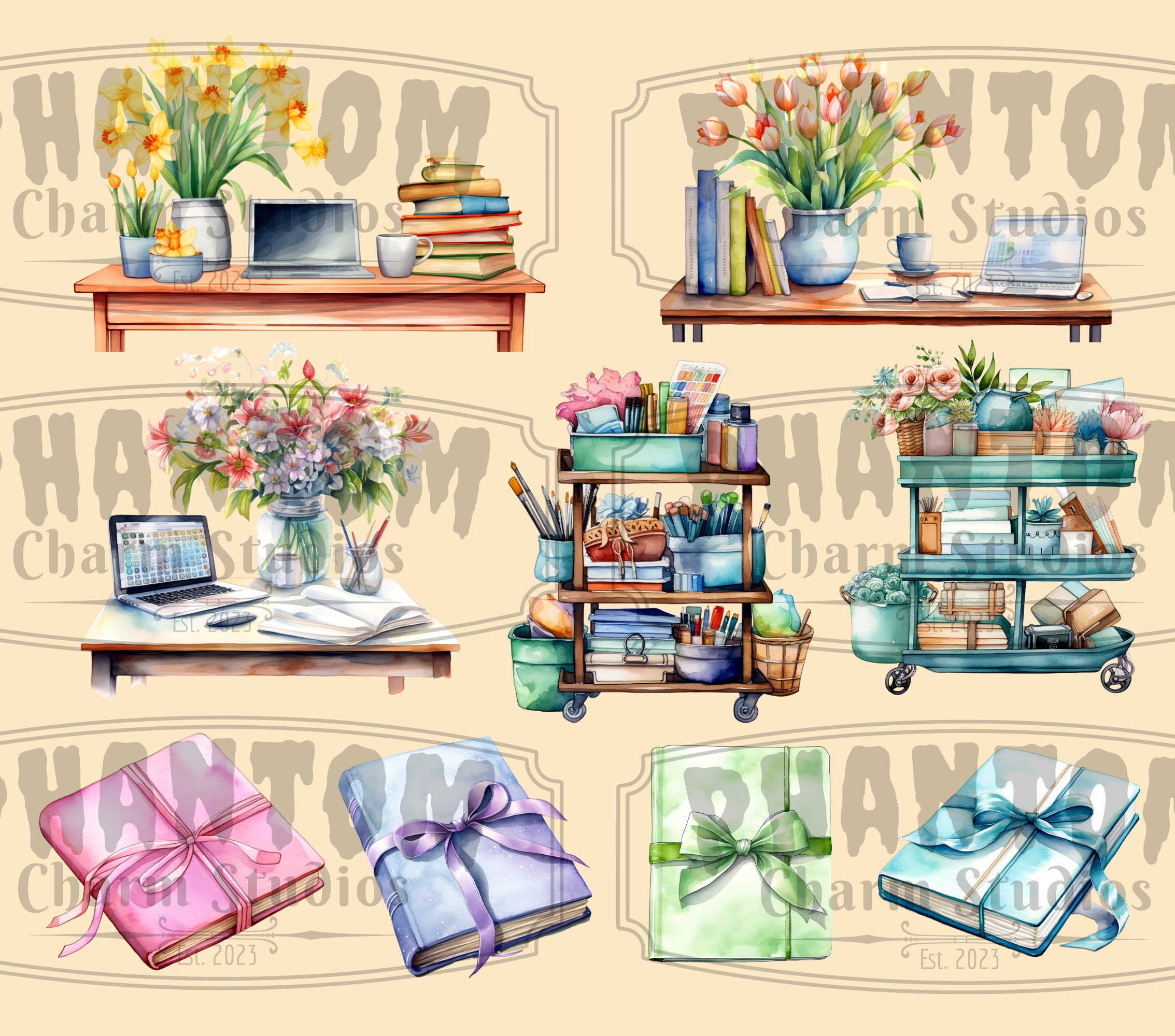 Watercolor Spring Planner Clipart Bundle I Desk Planner Scenes Journal ...