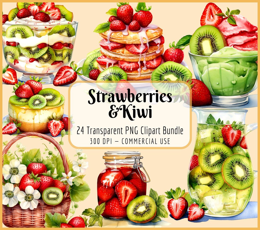 Strawberry Kiwi Clipart Bundle | Watercolor Food, Summer, Desserts ...