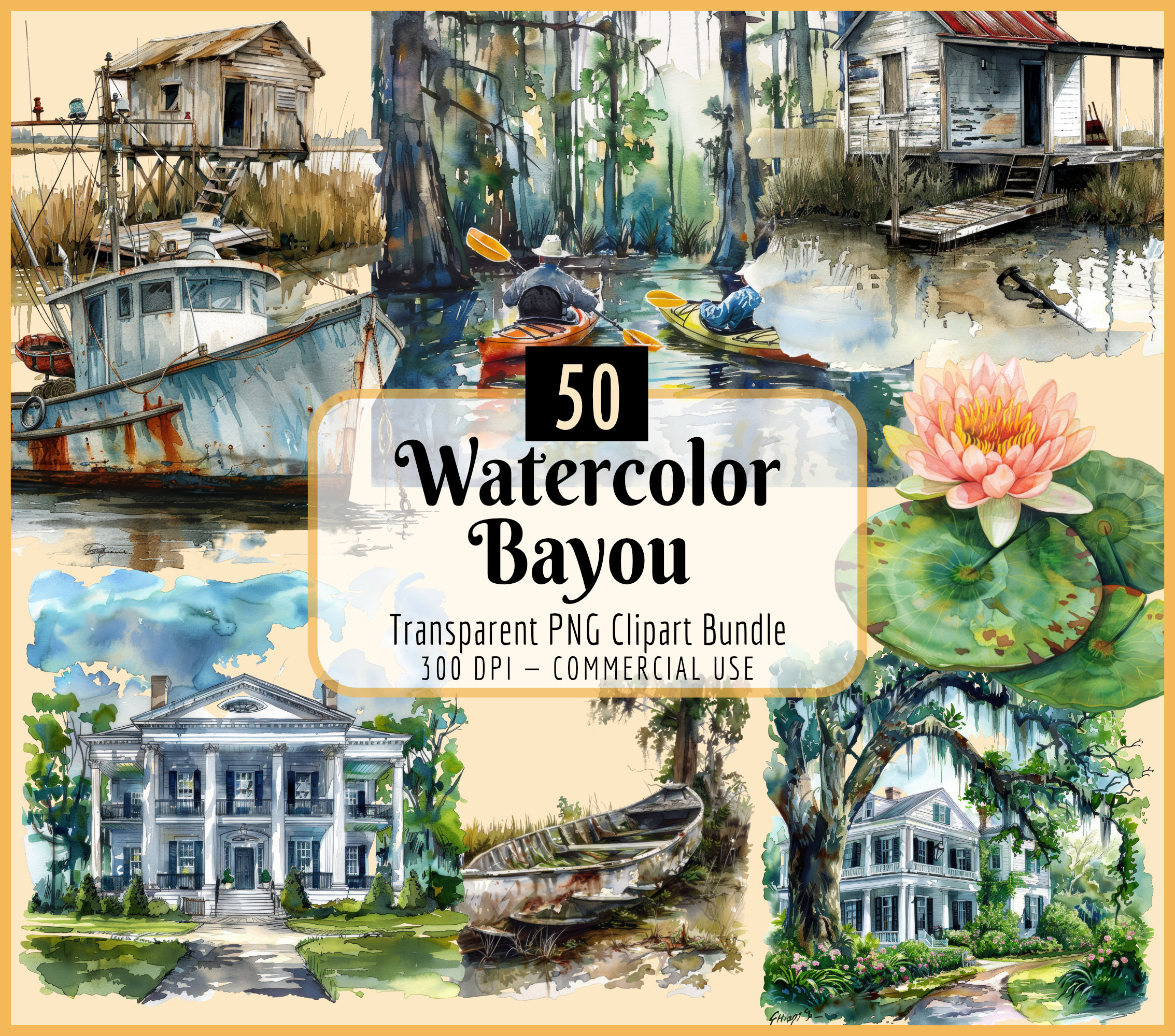 Watercolor Bayou Clipart Bundle I Louisiana, Southern Landscape ...