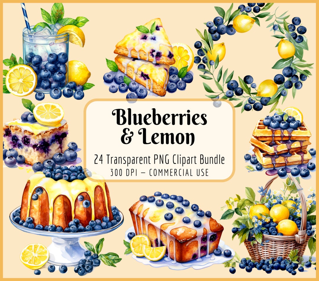 Blueberry Lemon Clipart Bundle | Watercolor, Dessert, Fruit, Menu Recipe Card Graphics, Summer ...