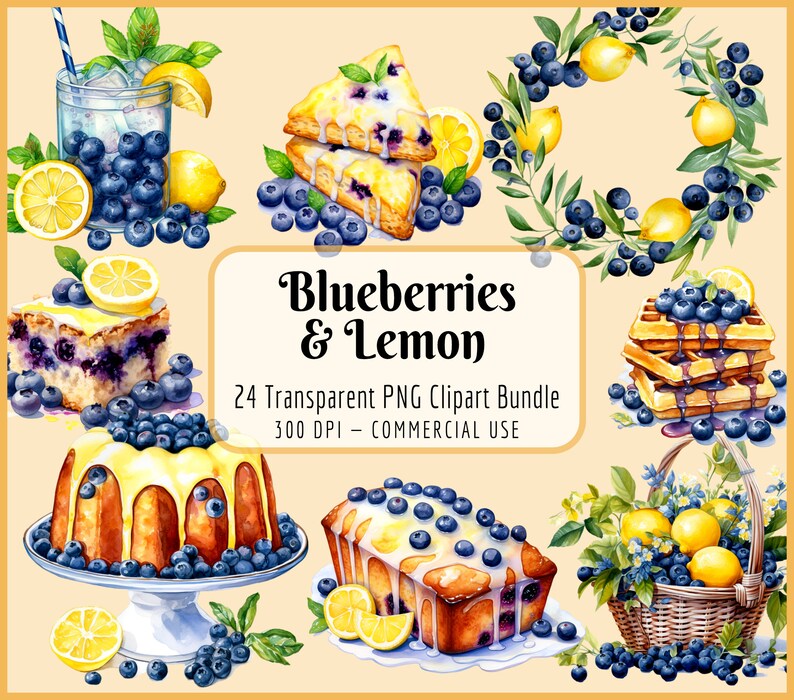 Blueberry Lemon Clipart Bundle | Watercolor, Dessert, Fruit, Menu ...
