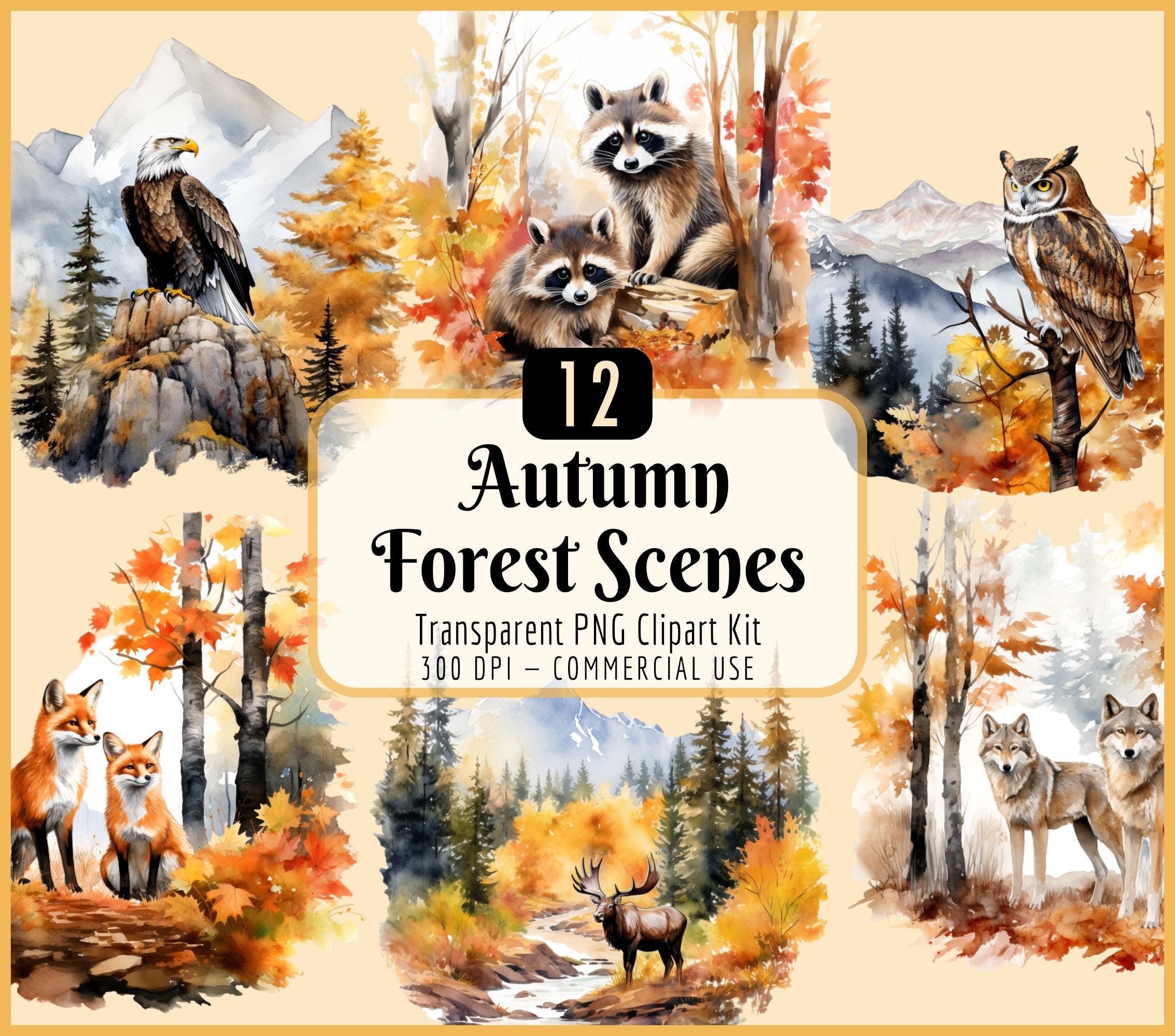 Autumn Forest Scenes Clipart Kit I Watercolor, Fall Landscape, Seasonal ...