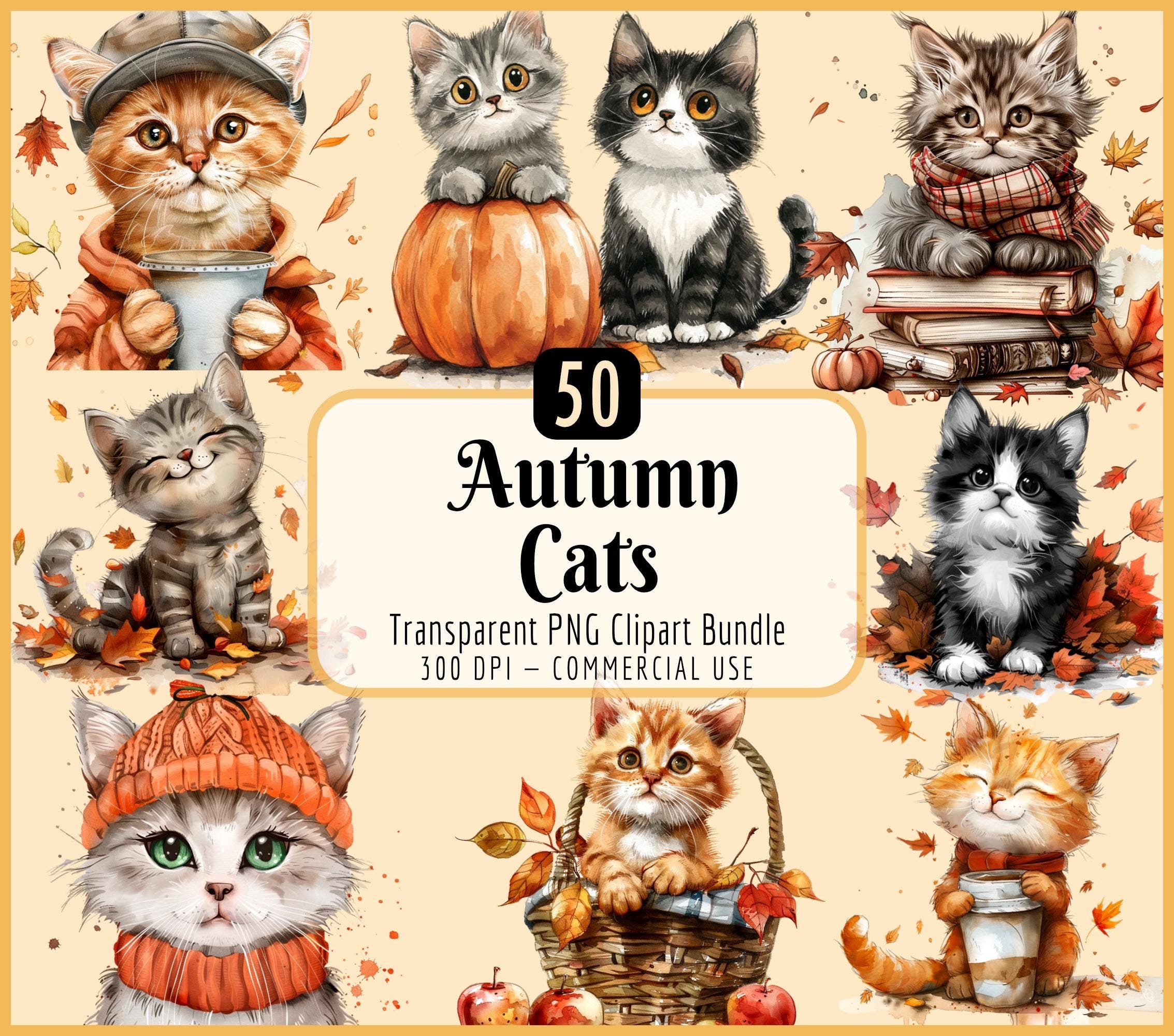 Autumn Cats Clipart Bundle | Watercolor, Cozy Fall Graphics, Pumpkins ...