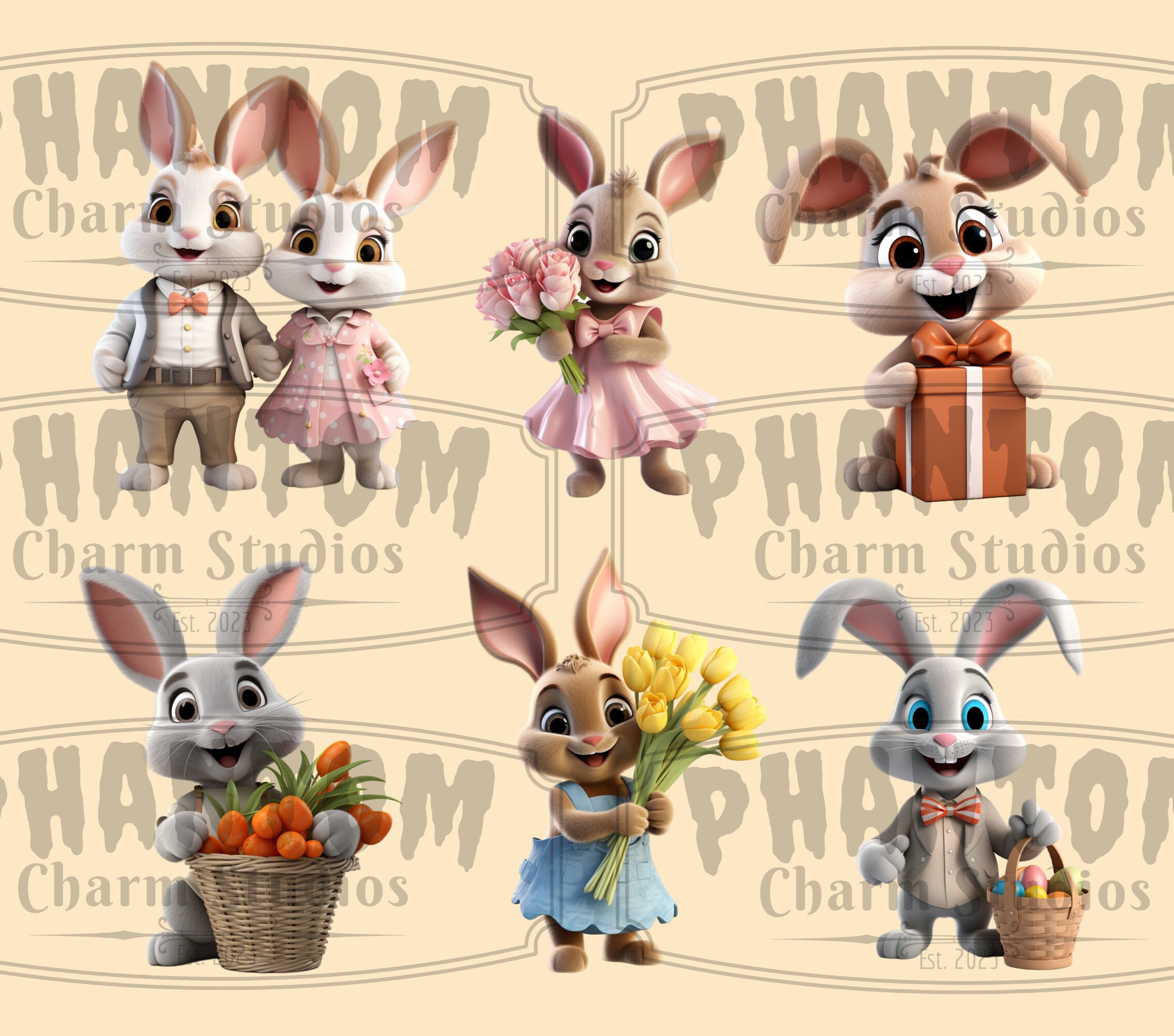 Easter 3D Bunnies Clipart Bundle I Spring Flowers Cute Bunny PNG Easter ...