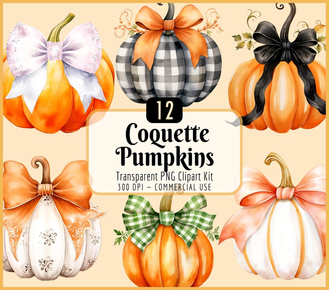 Coquette Pumpkins Clipart Bundle I Watercolor, Gingham Pumpkins and ...