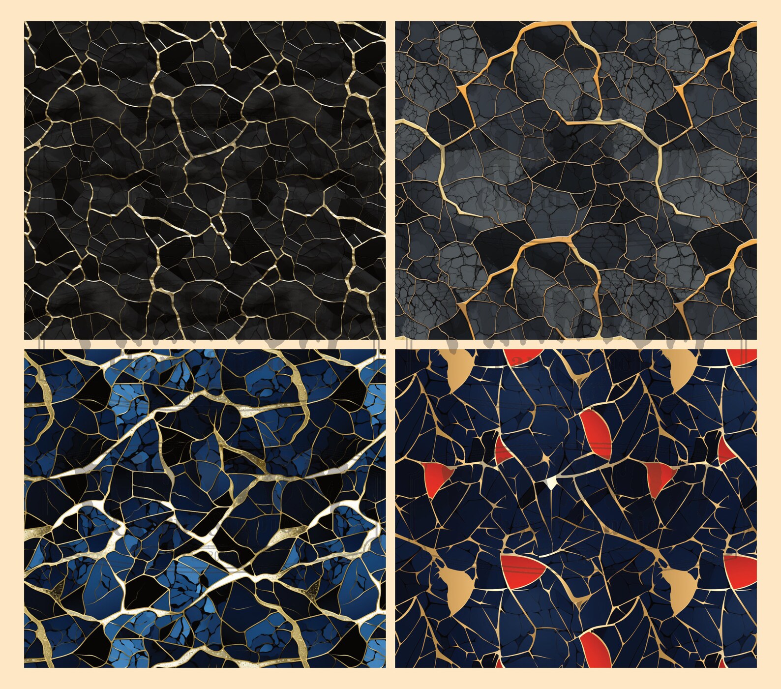 Japanese Kintsugi Seamless Pattern Bundle | Abstract Marble, Mended Cracks, Natural Stone ...