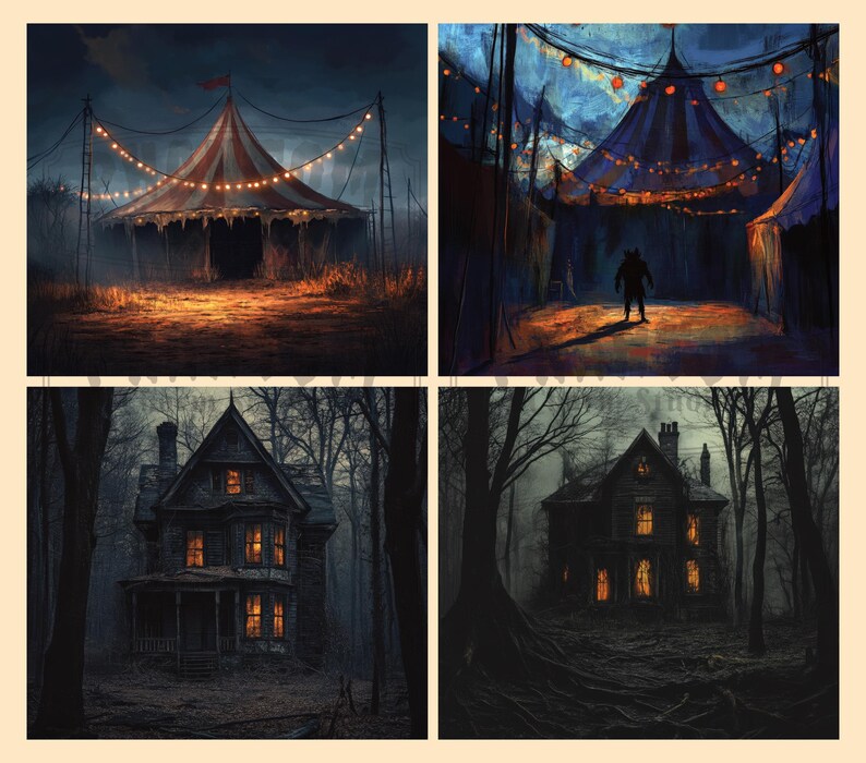 Creepy Horror Scenes: Spooky Halloween Haunted House Circus Digital ...