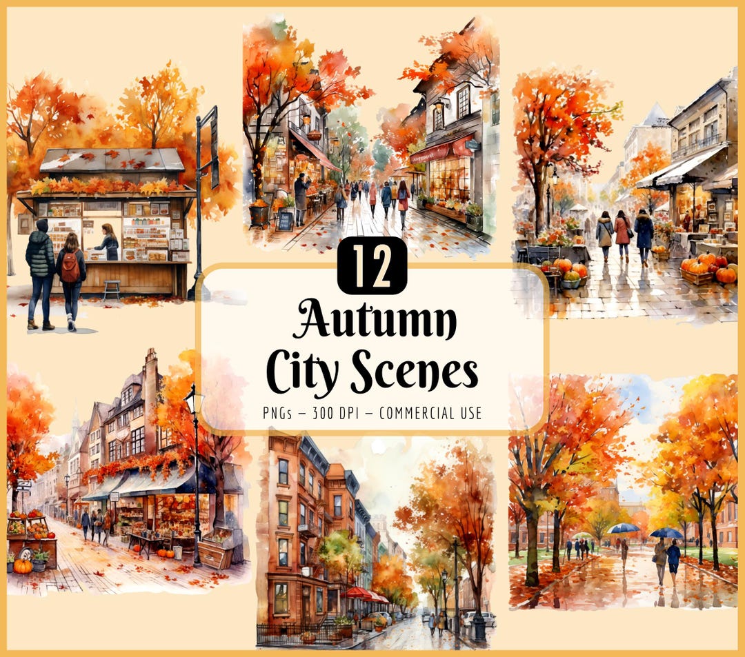 Autumn City Scenes Clipart Bundle I Watercolor, Landscapes, Fall ...