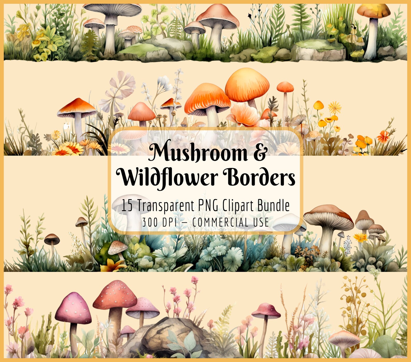 Mushroom & Wildflower Borders Clipart Bundle I Watercolor Toadstool ...