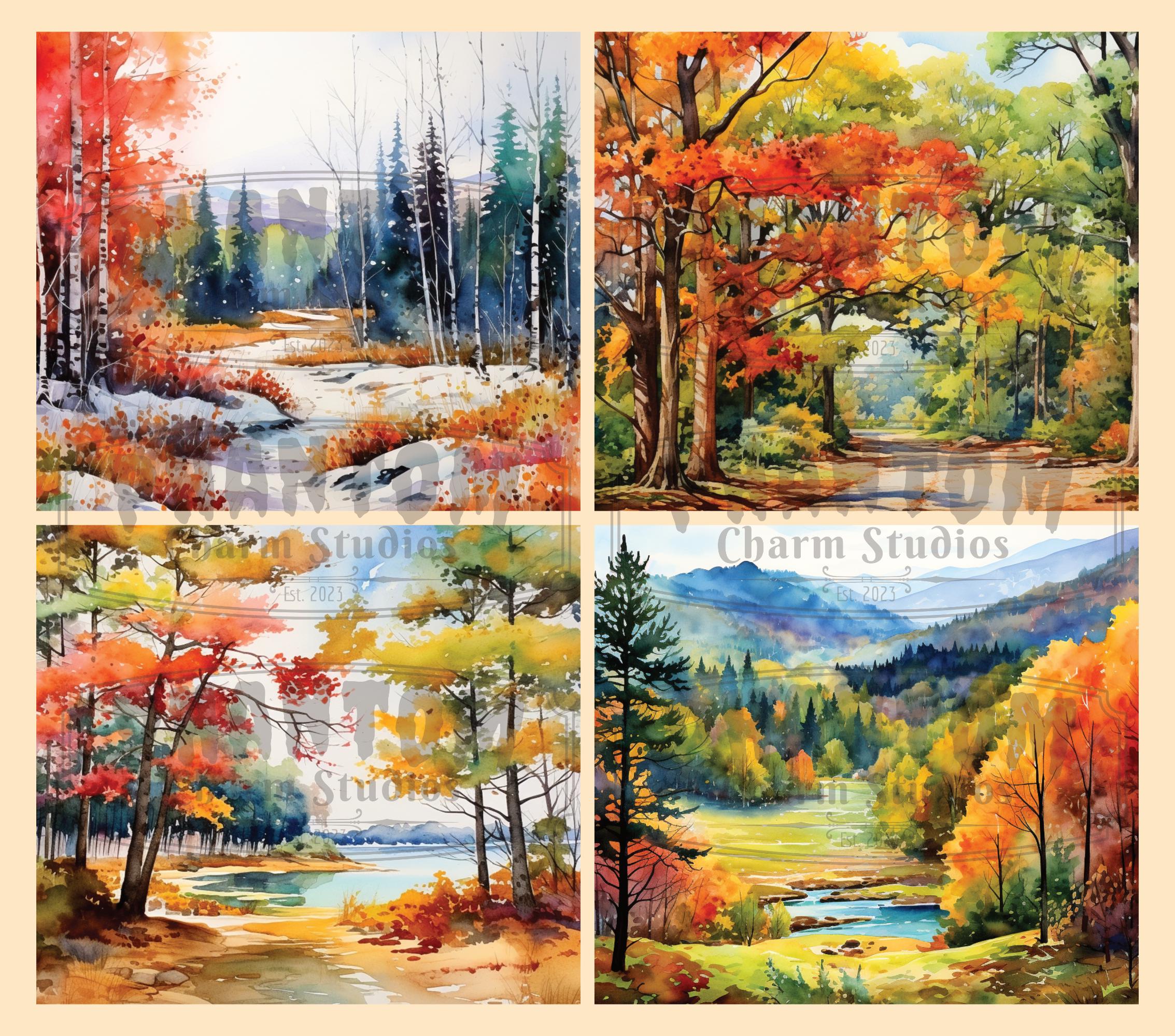 Watercolor Autumn Backgrounds: Digital Paper Pack, Fall Landscapes ...