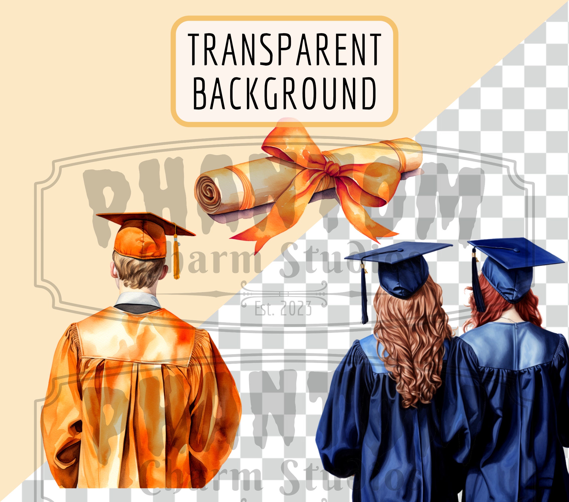 Watercolor Graduation Clipart Bundle I Orange Blue, Grad, Diploma, Cap ...