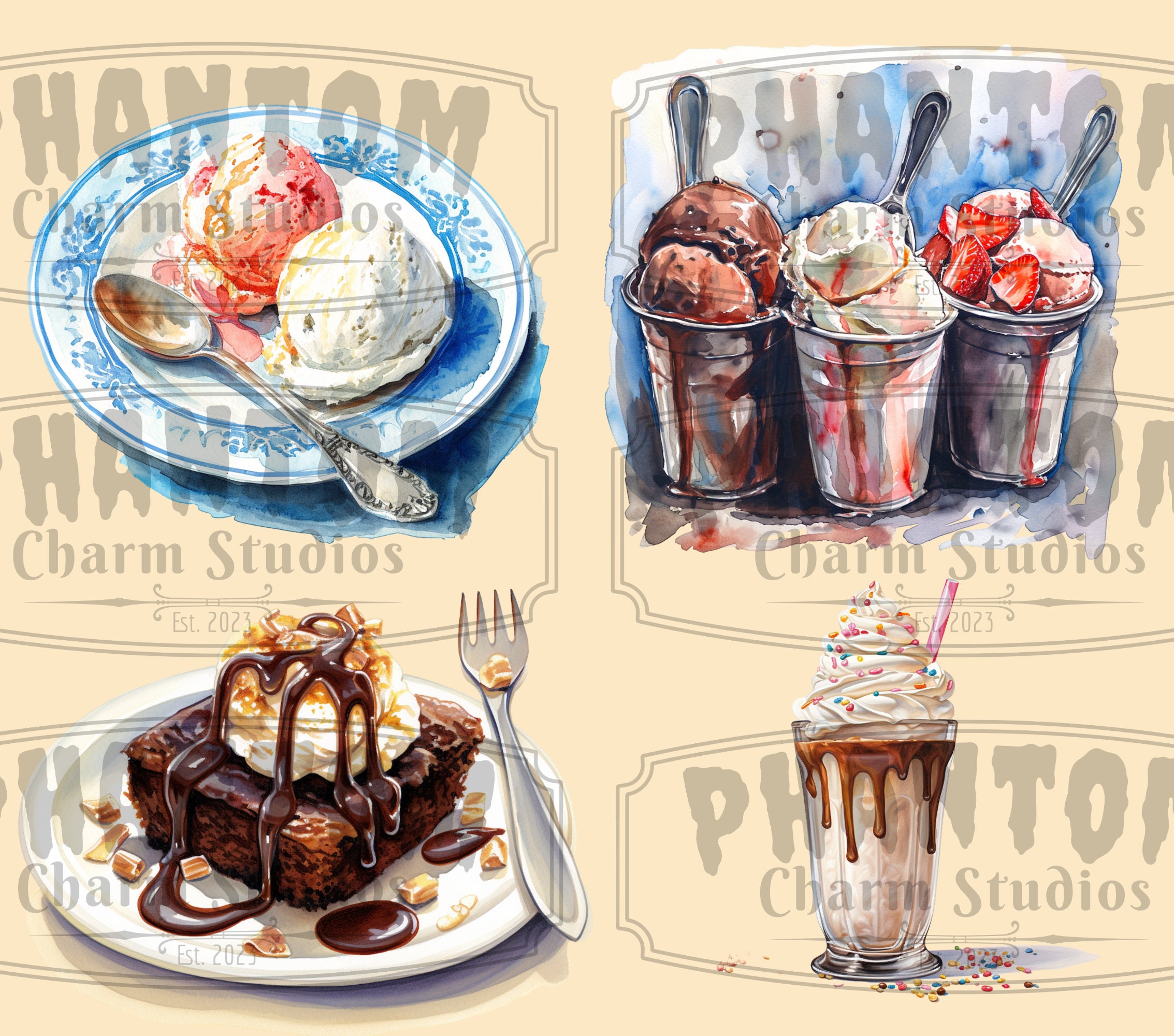 Ice Cream Social Clipart Bundle | Watercolor, Ice Cream Cones, Sundaes ...