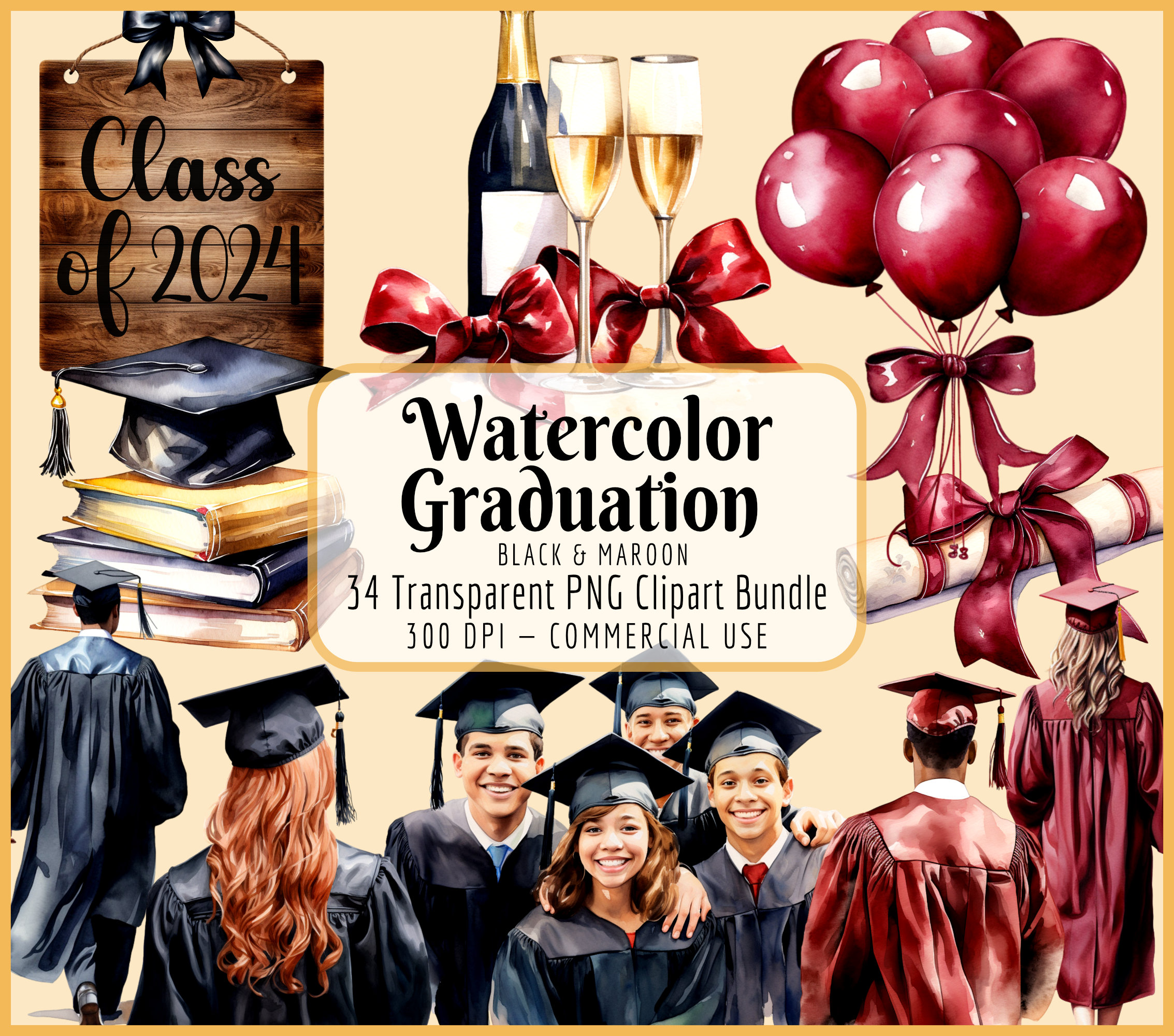 Watercolor Graduation Clipart Bundle I Black Maroon Graduate Diploma ...