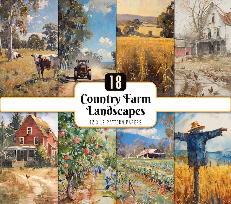 Watercolor Country Farm Landscapes | Digital Paper Pack, Rural, Rustic ...