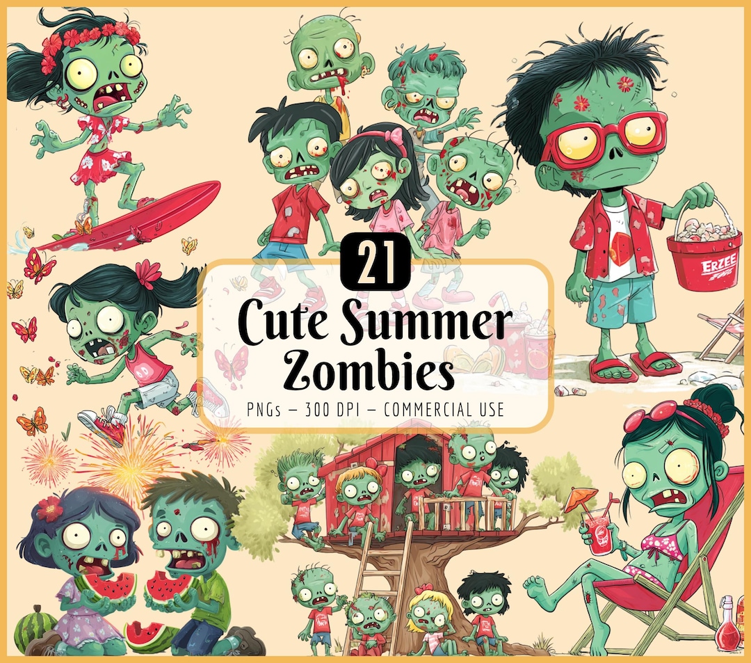 Cute Summer Zombie Kids Clipart: Quirky Tropical Undead Characters ...
