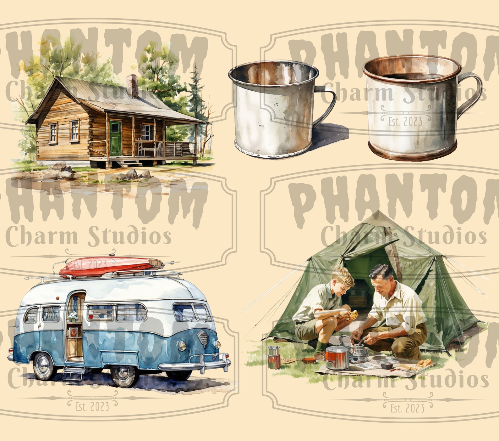 Vintage Camping Vacation Clipart Bundle I Watercolor Campsite Tent ...