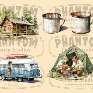 Vintage Camping Vacation Clipart: Retro Camper Tent Campfire S'mores ...