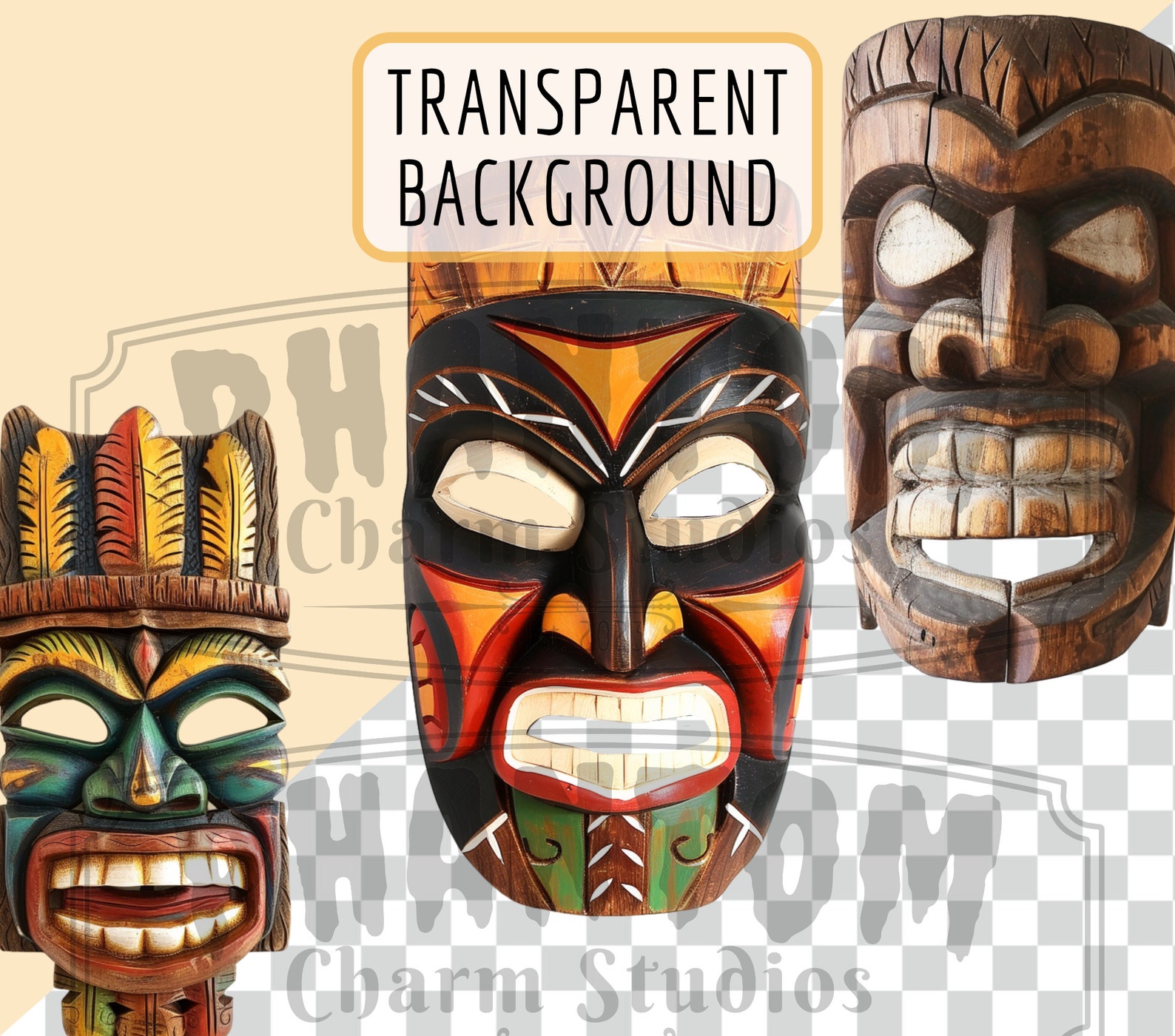 Tiki Masks Clipart Bundle I Exotic, Carved Wood Style, Polynesian Luau ...