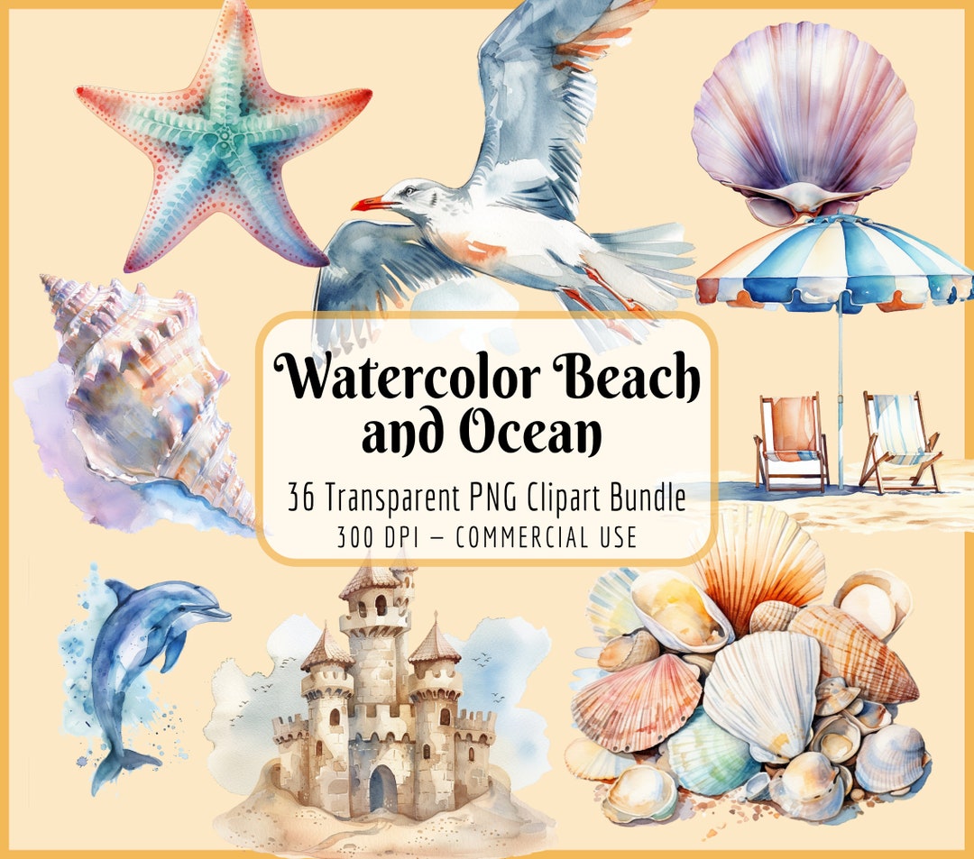 Watercolor Beach and Ocean Clipart Bundle With Sea Turtle, Starfish ...