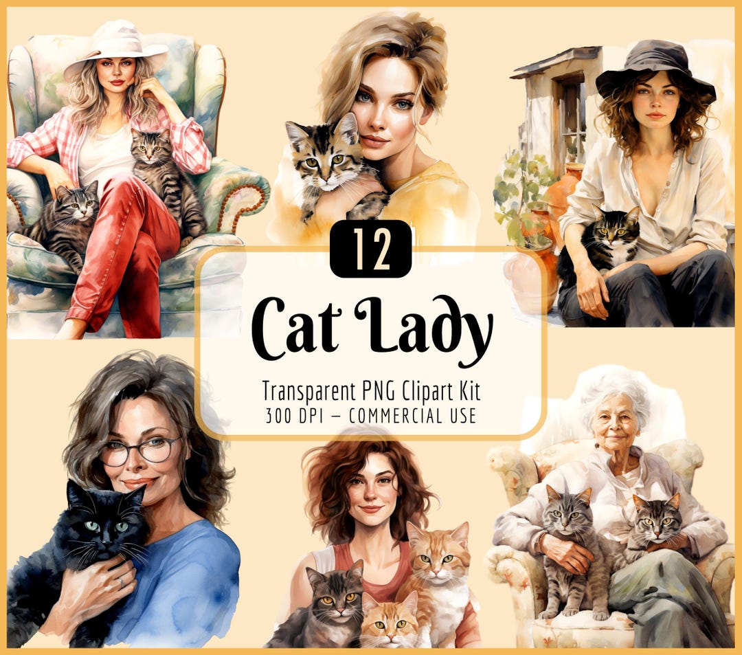 Cat Lady Clipart Kit I Watercolor, Childless Cat Ladies, Women ...