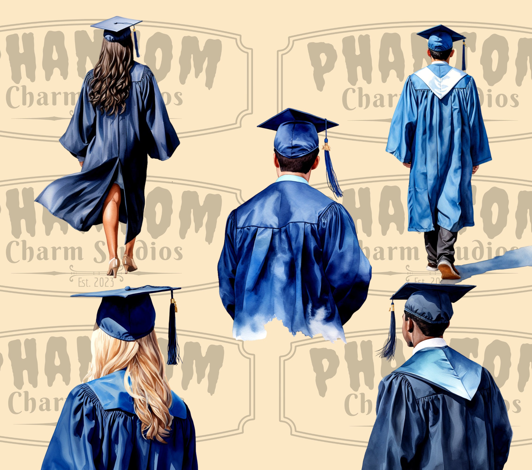 Watercolor Graduation Clipart Bundle I Orange Blue, Grad, Diploma, Cap ...