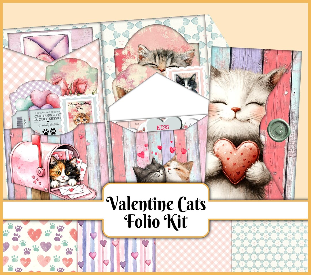 Valentine Cats Folio Kit: Love Notes Junk Journal Insert, Fussy Cuts ...