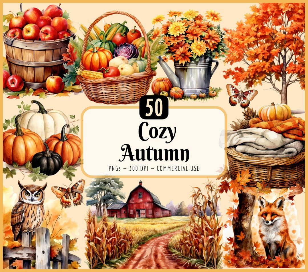 Cozy Autumn Clipart Bundle: Fall Thanksgiving Graphics, Sunflowers ...