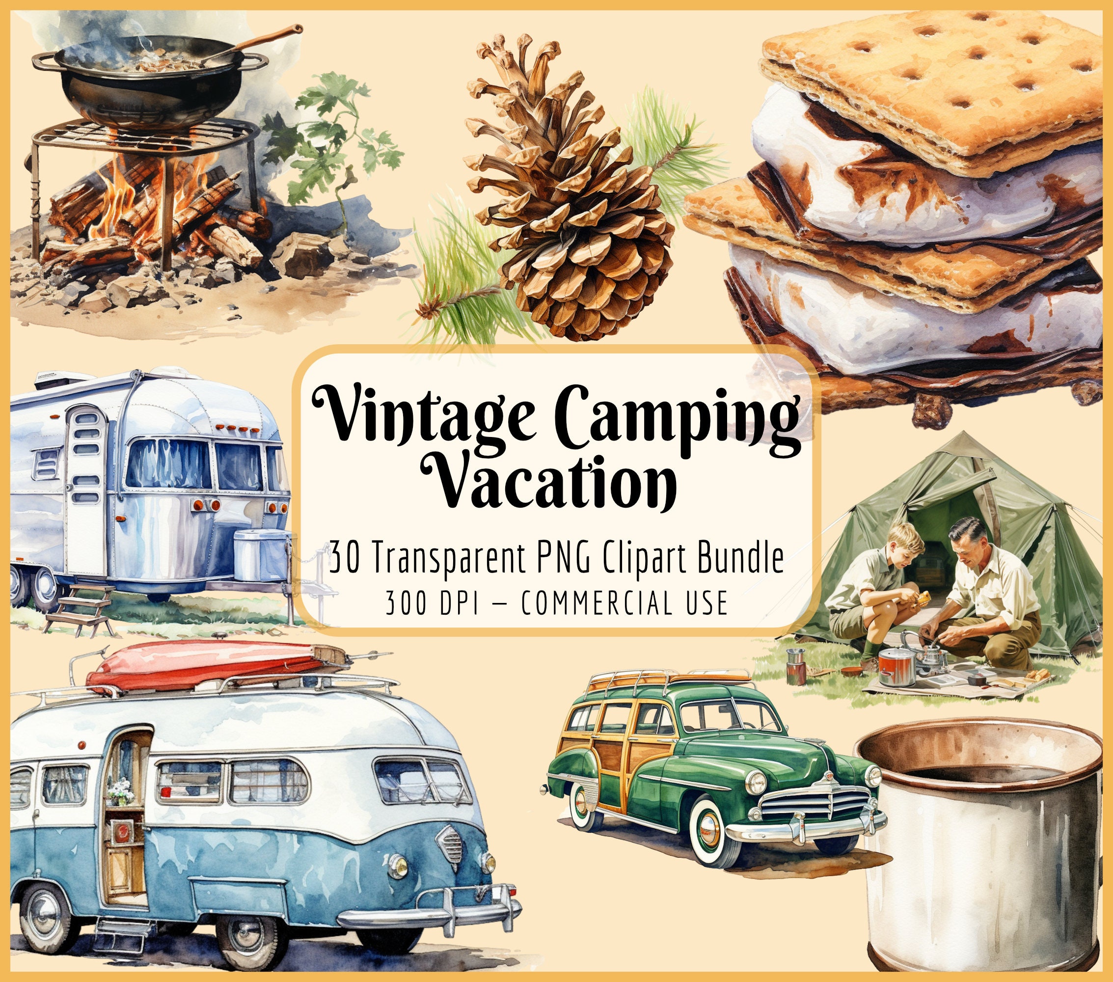 Vintage Camping Vacation Clipart Bundle I Camping Design PNG Camp Life ...