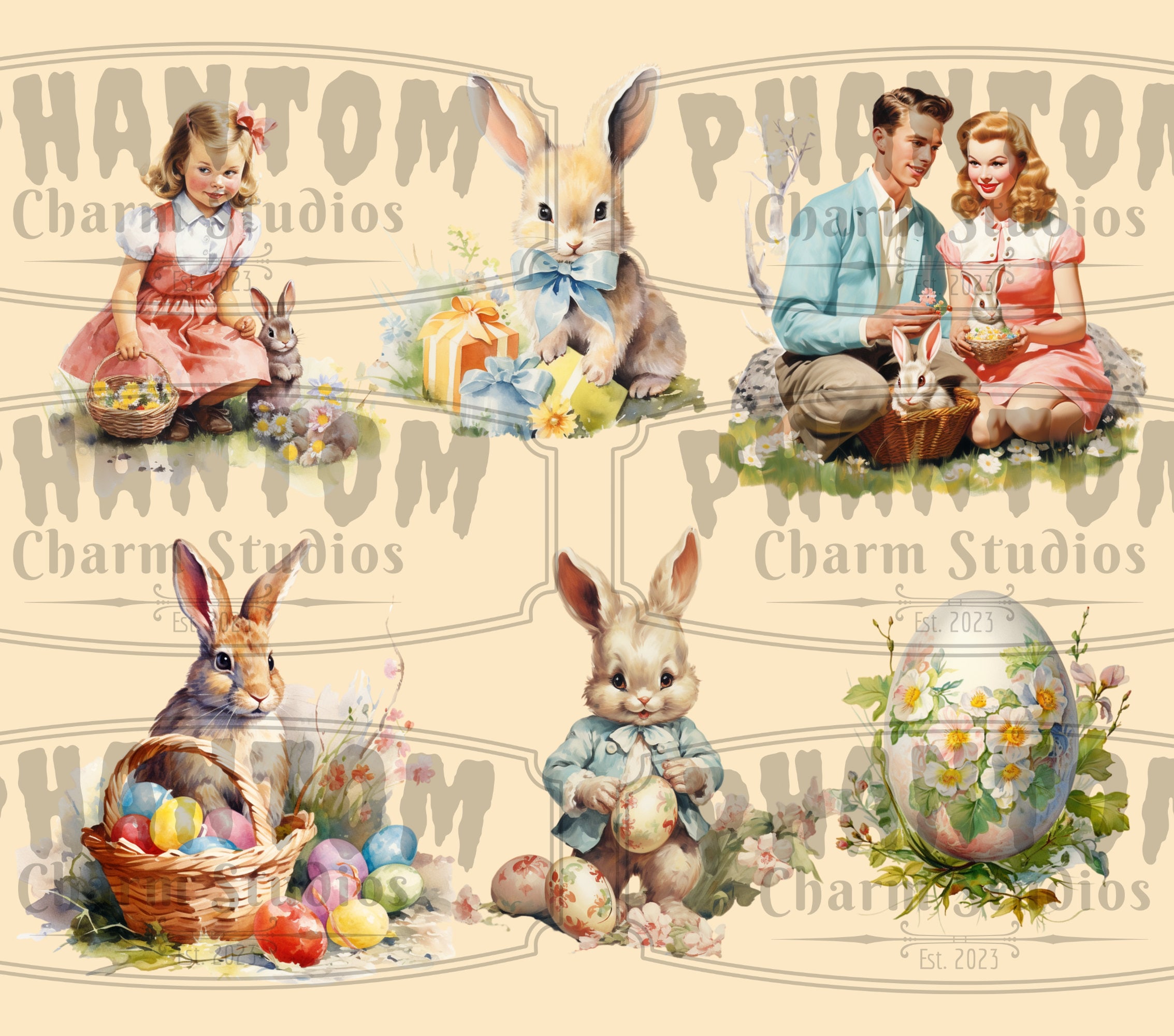 1950's Vintage Easter Clipart: Retro Spring, Bunny Rabbit, Egg Hunt ...