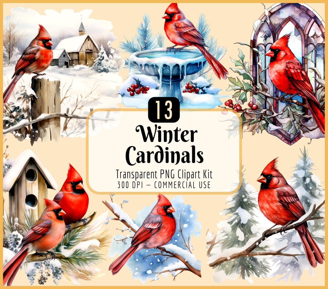 Winter Cardinals Clipart Kit | Watercolor, Red Bird Illustrations ...