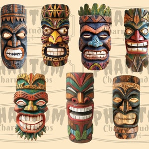 Tiki Masks Clipart Bundle I Exotic, Carved Wood Style, Polynesian Luau ...