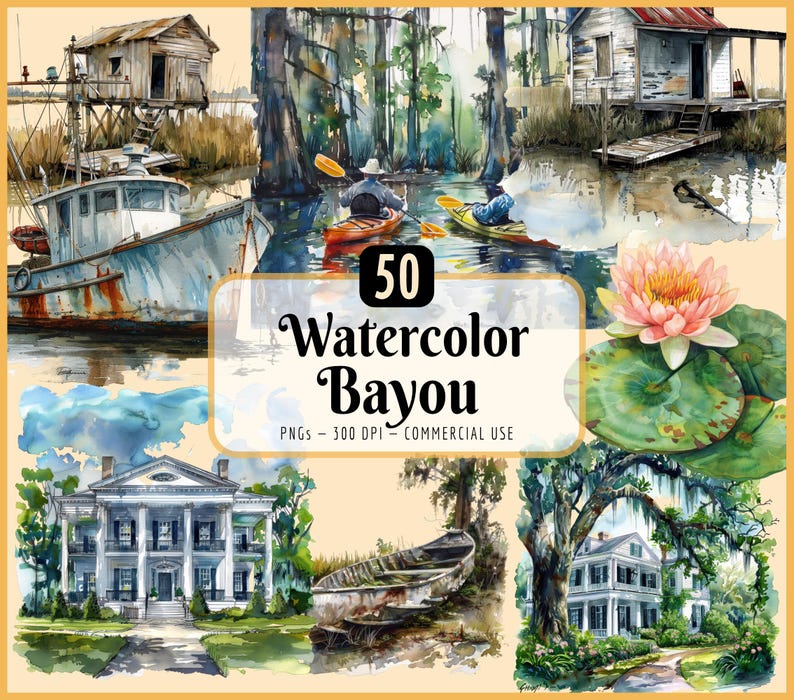 Watercolor Bayou Clipart Bundle I Louisiana, Southern Landscape ...