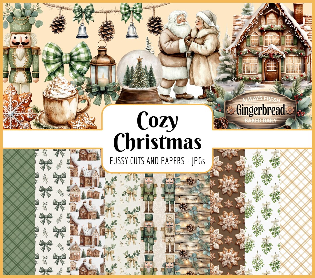 Cozy Christmas Bundle: Fussy Cuts, Pattern Papers, Neutral Rustic Boho ...