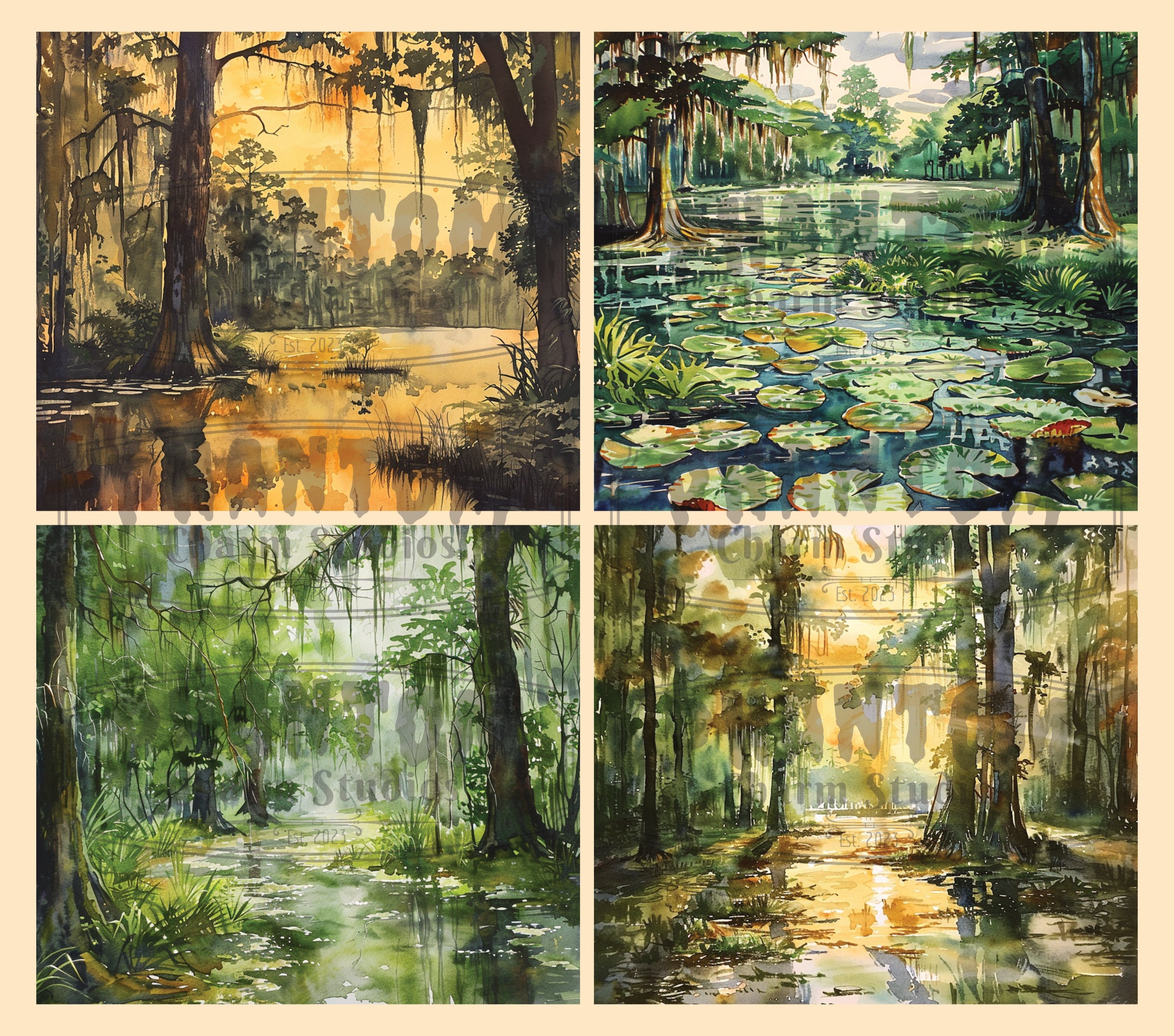 Watercolor Bayou Landscapes Digital Paper | Southern Louisiana, Cypress ...