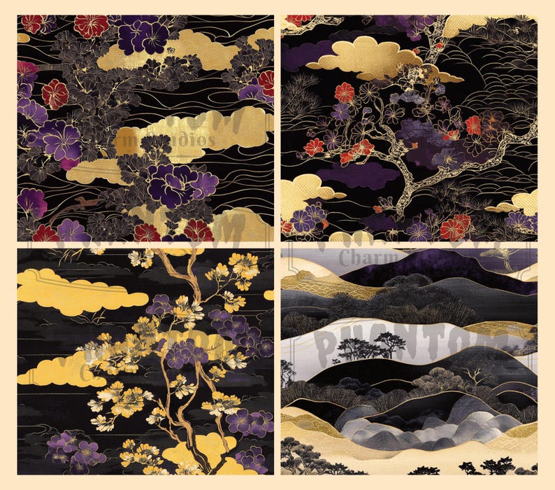 Ukiyo-e Seamless Patterns: Japanese Backgrounds Digital Paper Pack (PNG ...