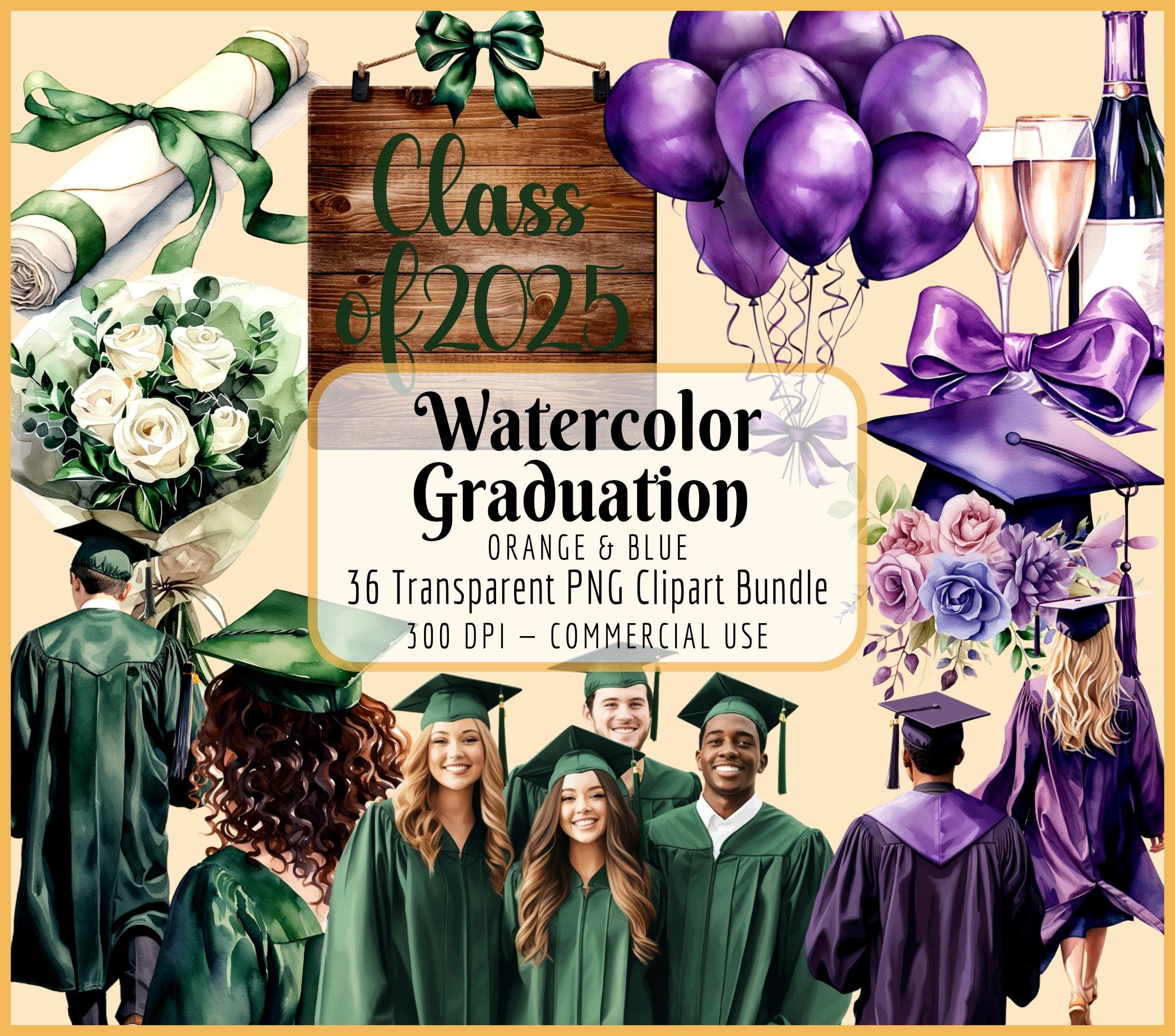Watercolor Graduation Clipart Bundle I Green Purple, Grad, Diploma, Cap ...