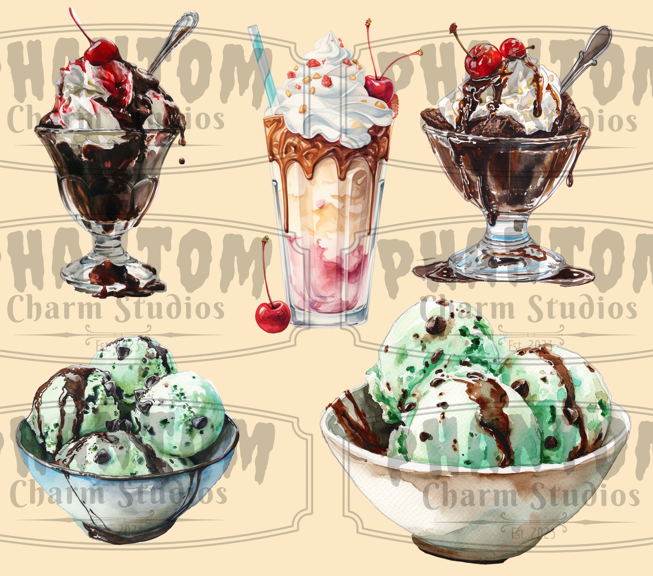 Ice Cream Social Clipart Bundle | Watercolor, Ice Cream Cones, Sundaes ...