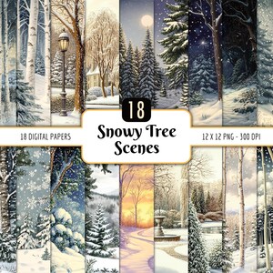 Snowy Tree Scenes Digital Paper Pack | Winter, Landscapes, Snowing ...